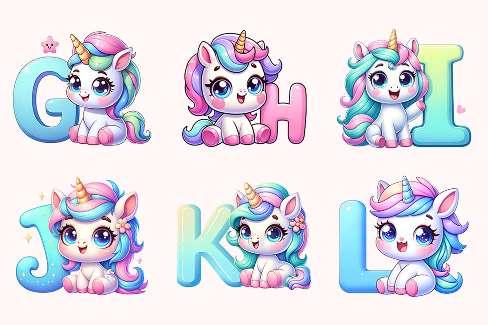 Cute Baby Unicorn Alphabet, Alphabet Clipart, Cute Unicorn PNG, Unicorn ...