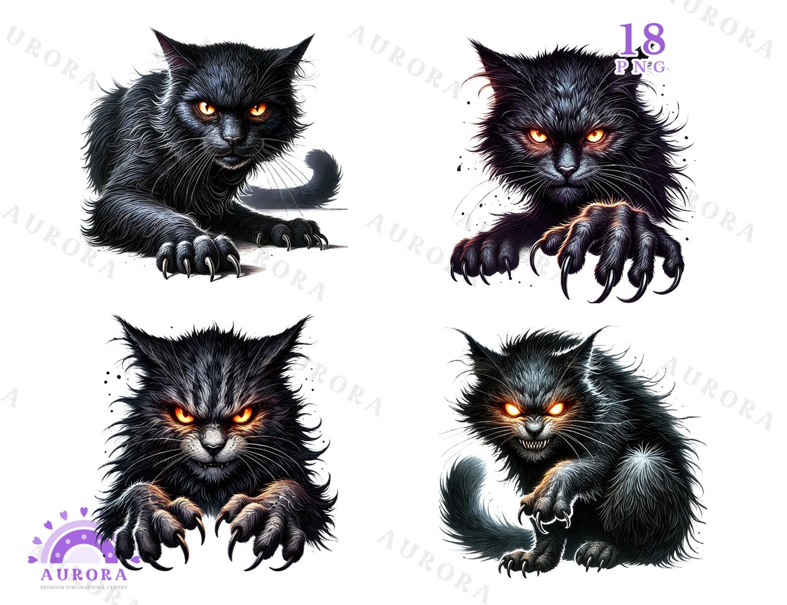 25 Scary Black Cat Clipart, Spooky Halloween Cats Sublimation PNG ...