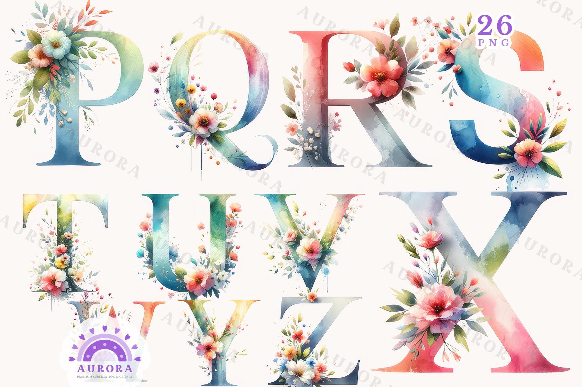 Watercolor Spring Alphabet Clipart, Floral Letters PNG, Spring Floral ...