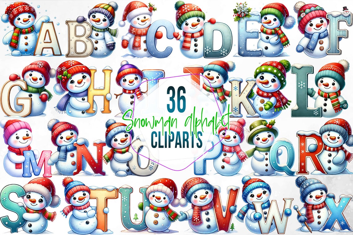 Snowman Alphabet With Numbers Clipart, Christmas Alphabet, Winter ...