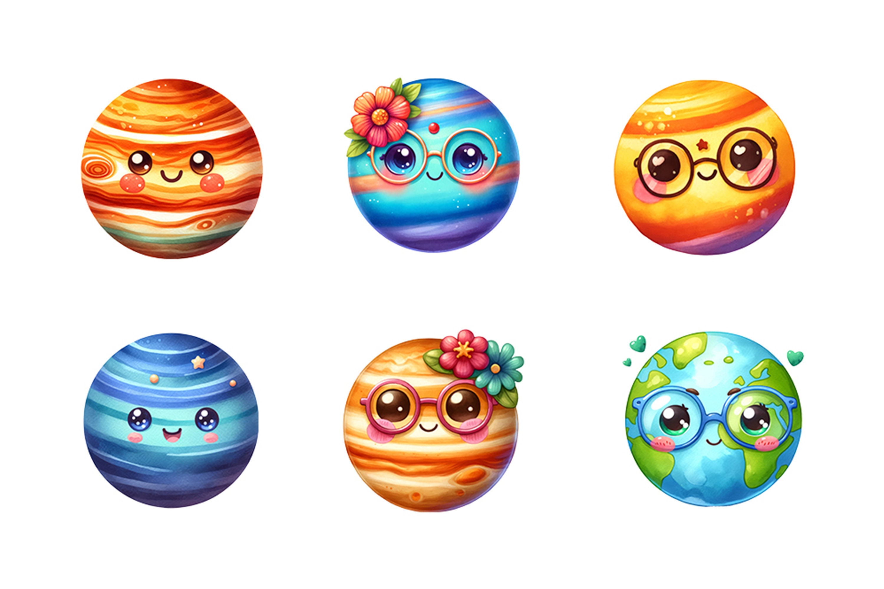 32 Cute Planets Sublimation PNG, Watercolor Planet Clipart, Earth, Moon ...