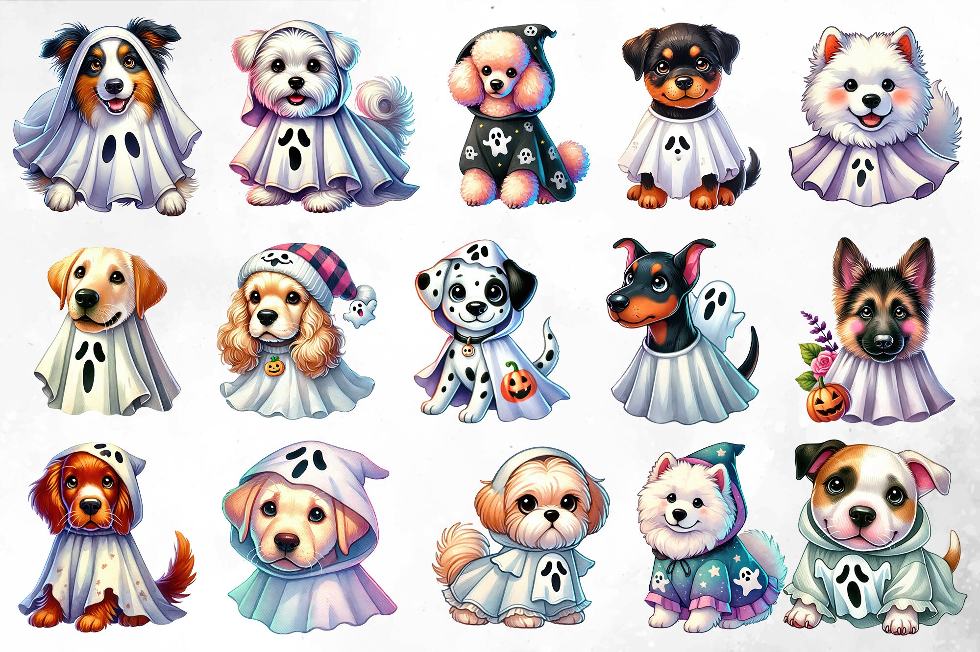 100+ Halloween Dog Ghost Clipart Bundle, Cute Watercolor Dogs in Ghost ...