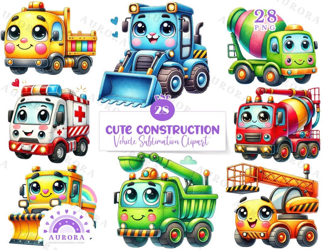 Cute Construction Vehicle Clipart Bundle, Kids Trucks PNG (digital ...