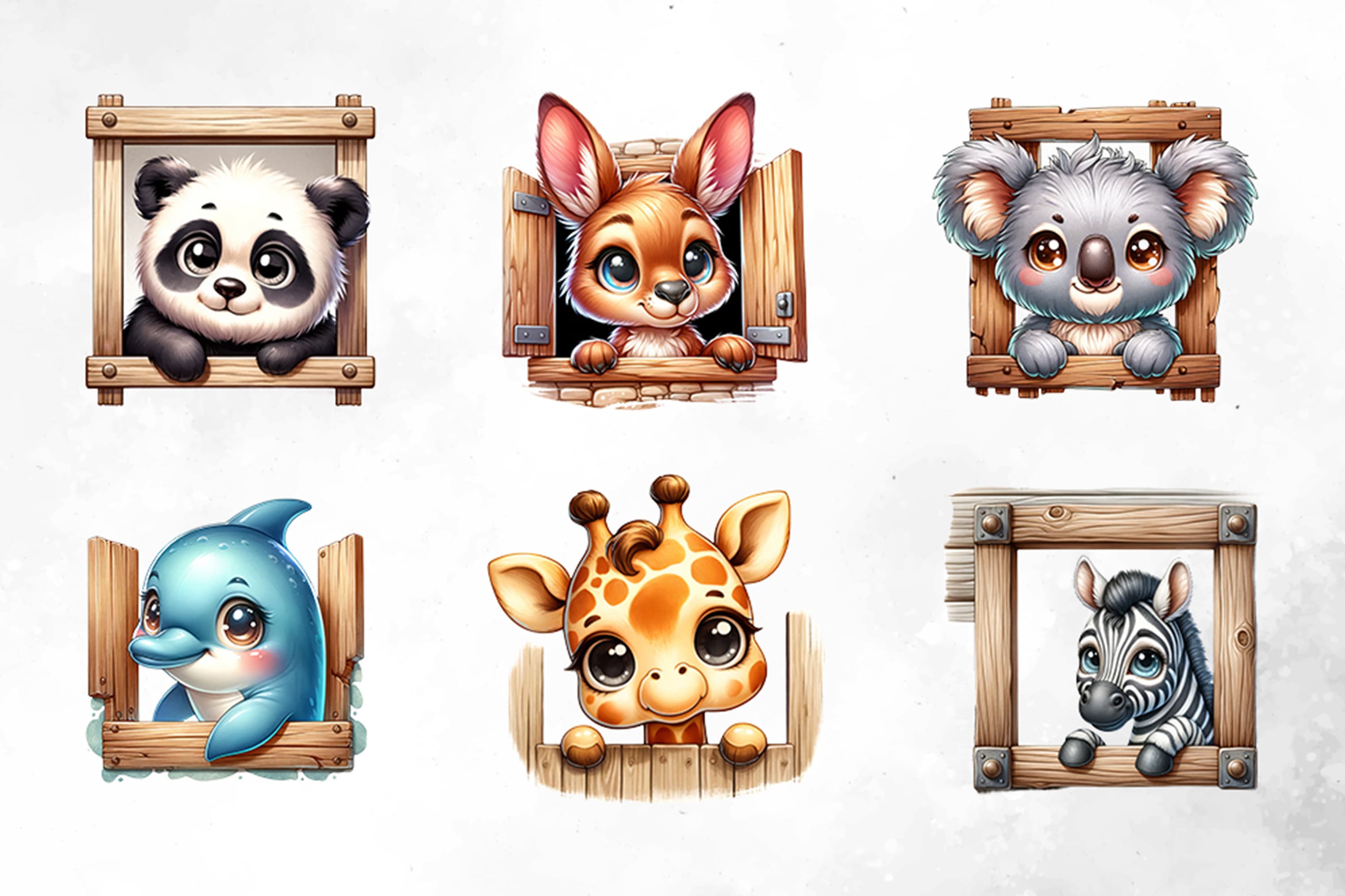 24 Peeking Animals Clipart, Animal Peeking Wooden Window, Watercolor ...