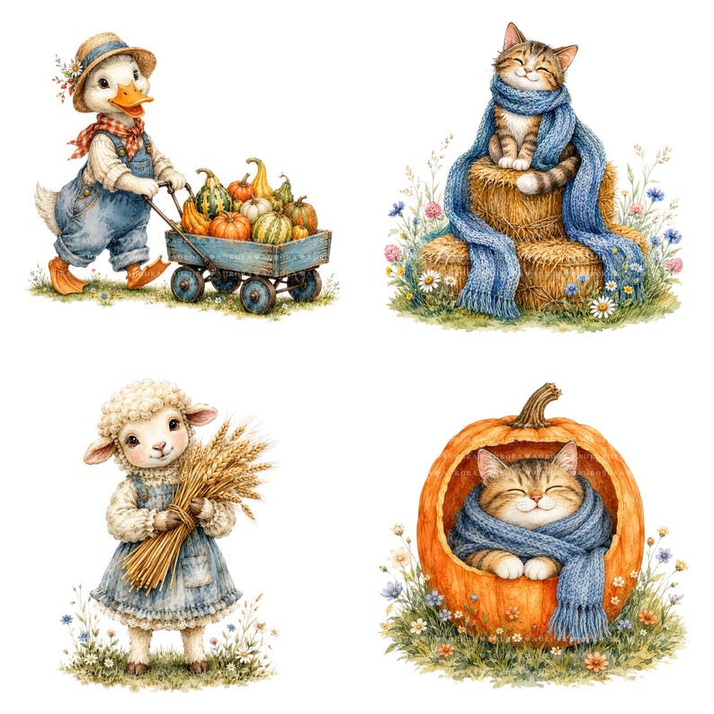 30 Cozy Fall Animals PNG Bundle, Watercolor Harvest Clipart ...