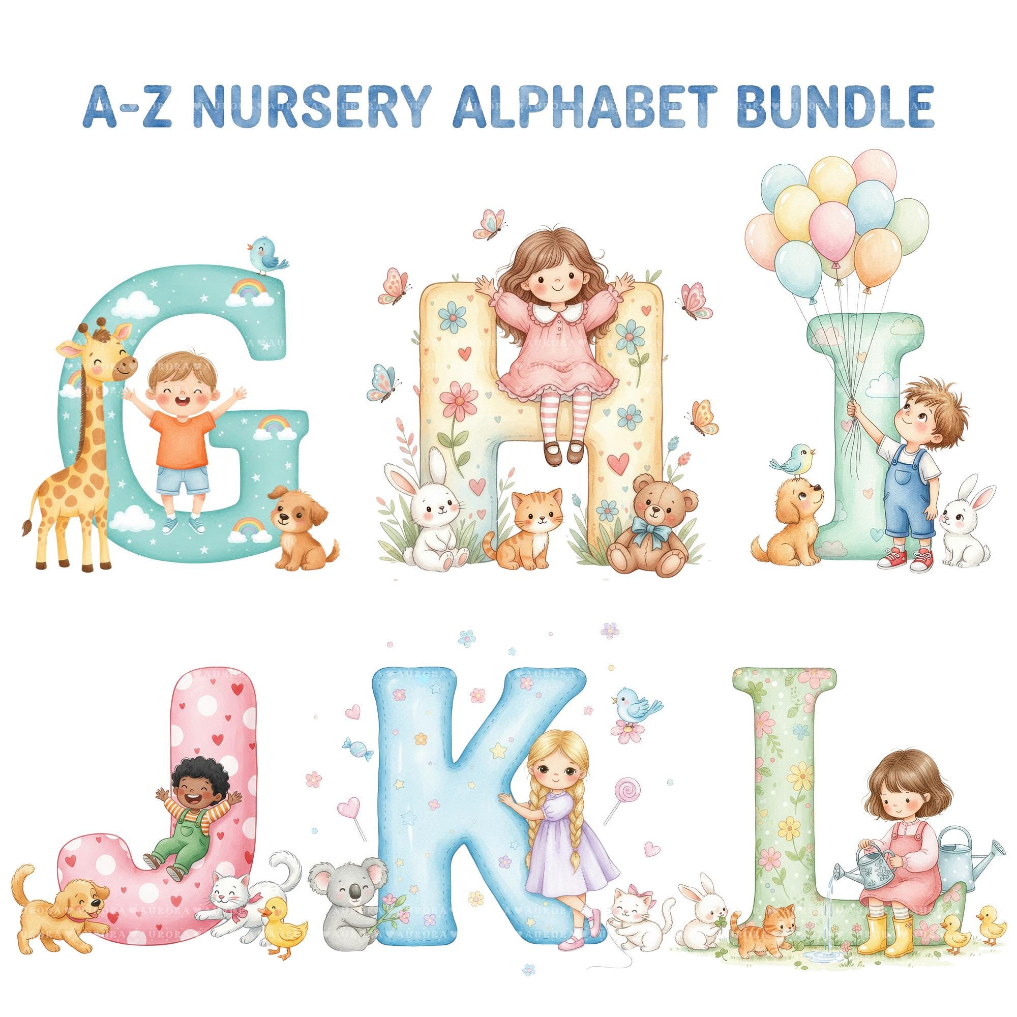 Whimsical Nursery Alphabet, Watercolor Animal Clipart, A-Z Letters PNG ...