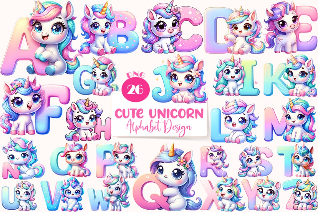 Cute Baby Unicorn Alphabet, Alphabet Clipart, Cute Unicorn PNG, Unicorn ...
