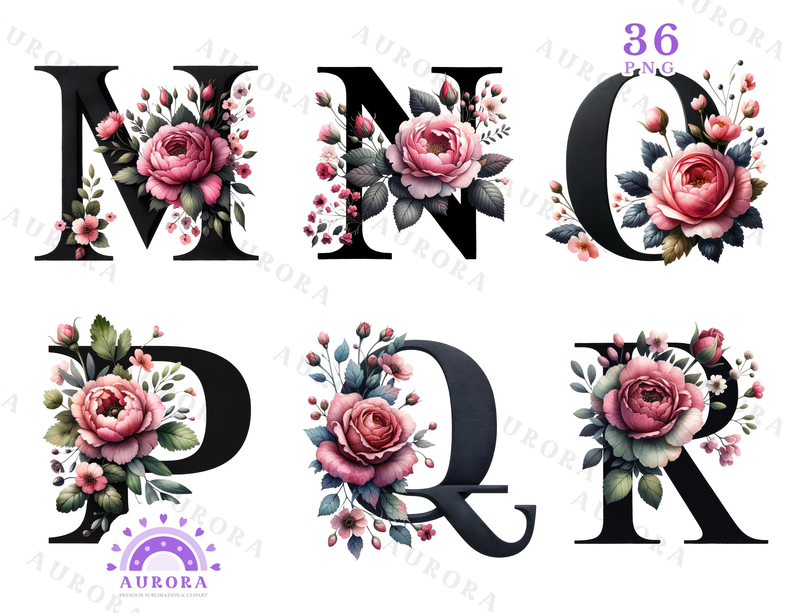 Elegant Floral Alphabet and Numbers Clipart, Watercolor Floral Alphabet ...