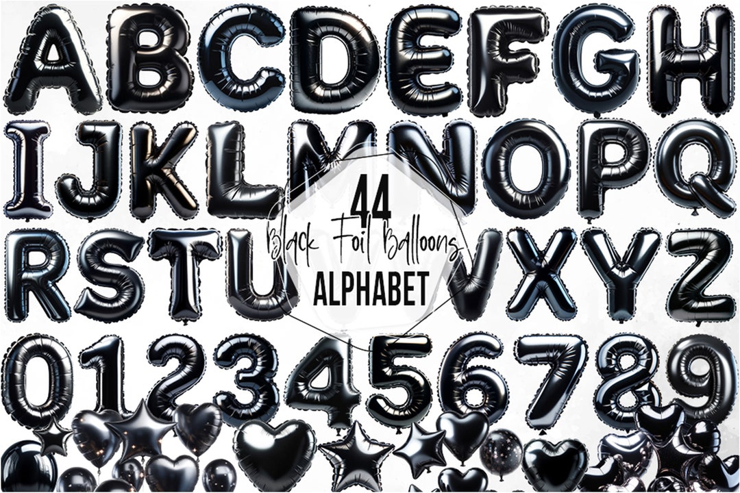Black Foil Balloons Alphabet Clipart, Letters and Numbers for ...