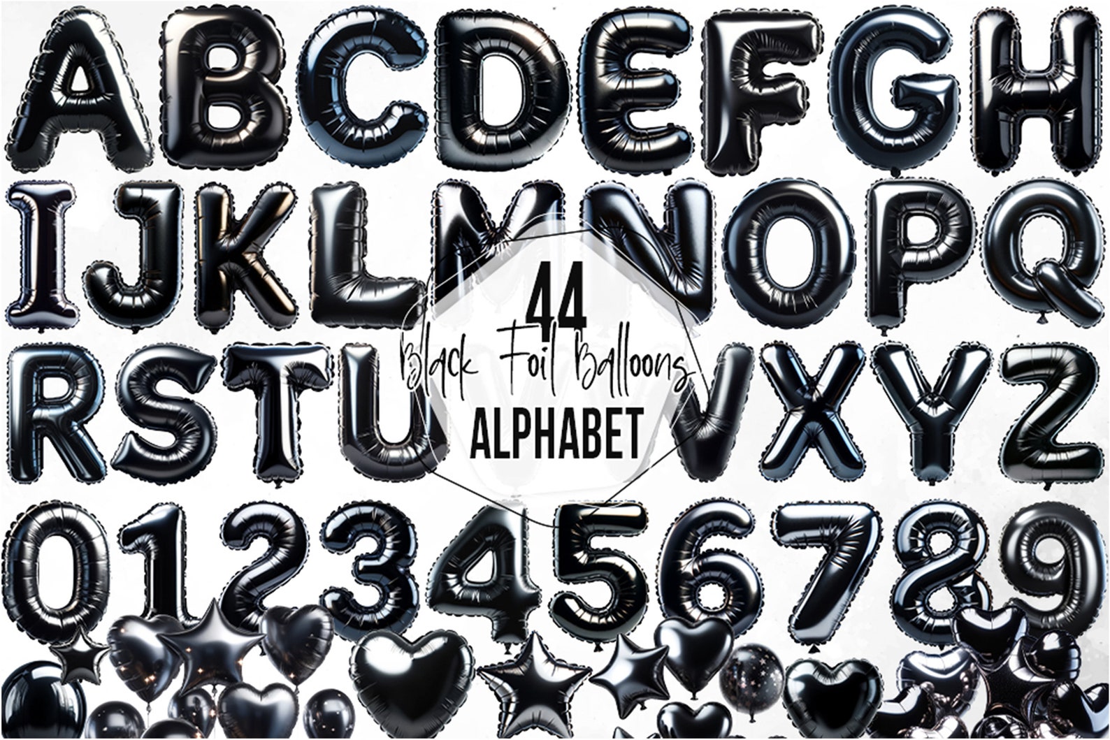 Black Foil Balloons Alphabet Clipart, Letters and Numbers for ...