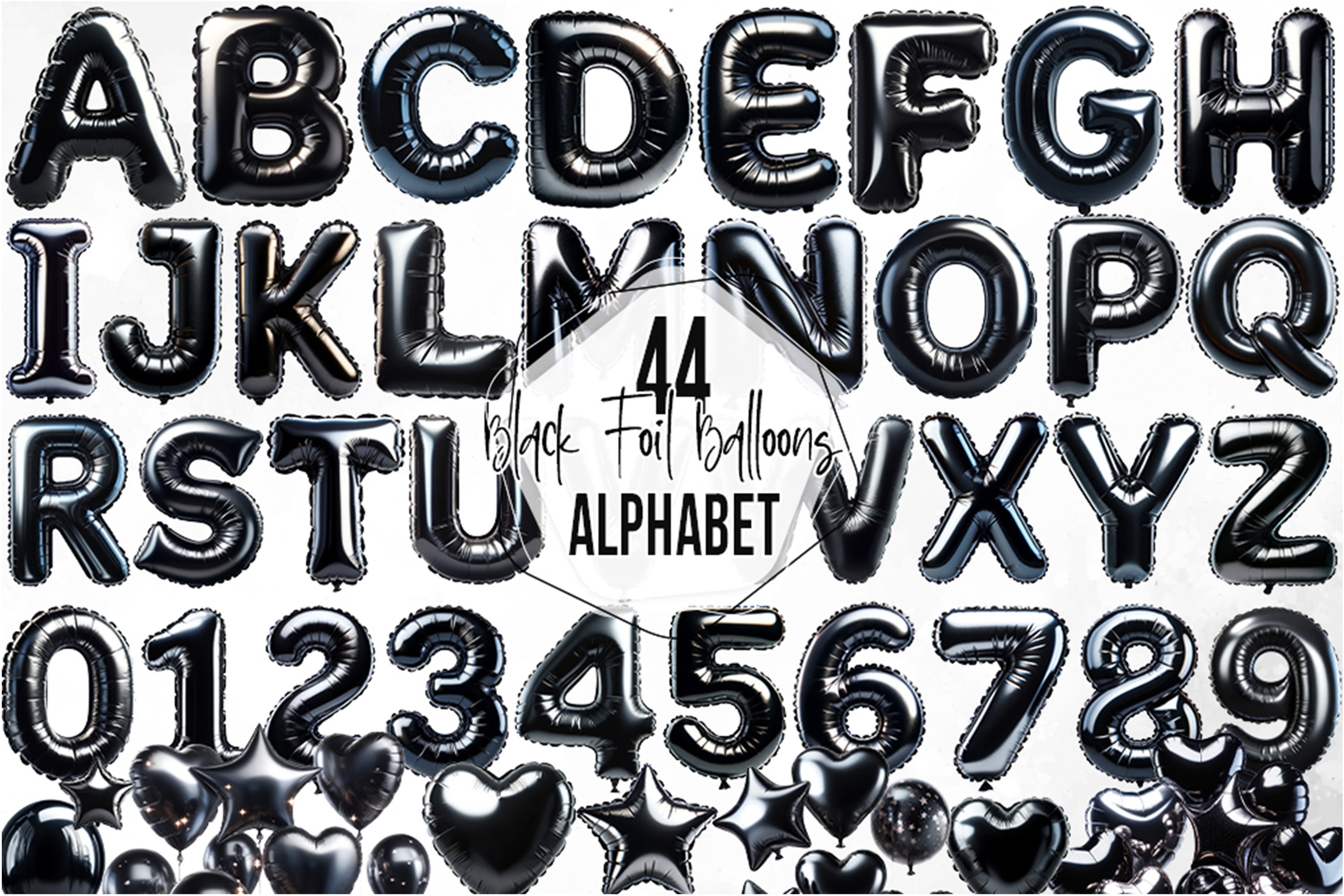 Black Foil Balloons Alphabet Clipart, Letters and Numbers for ...