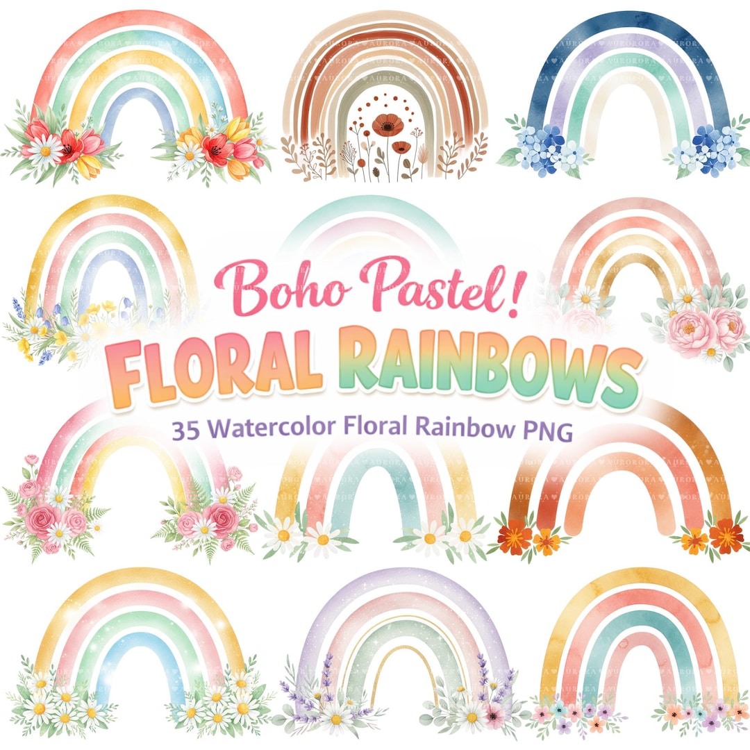 35 Floral Rainbow Pngs, Boho Pastel Watercolor Clipart Bundle for ...