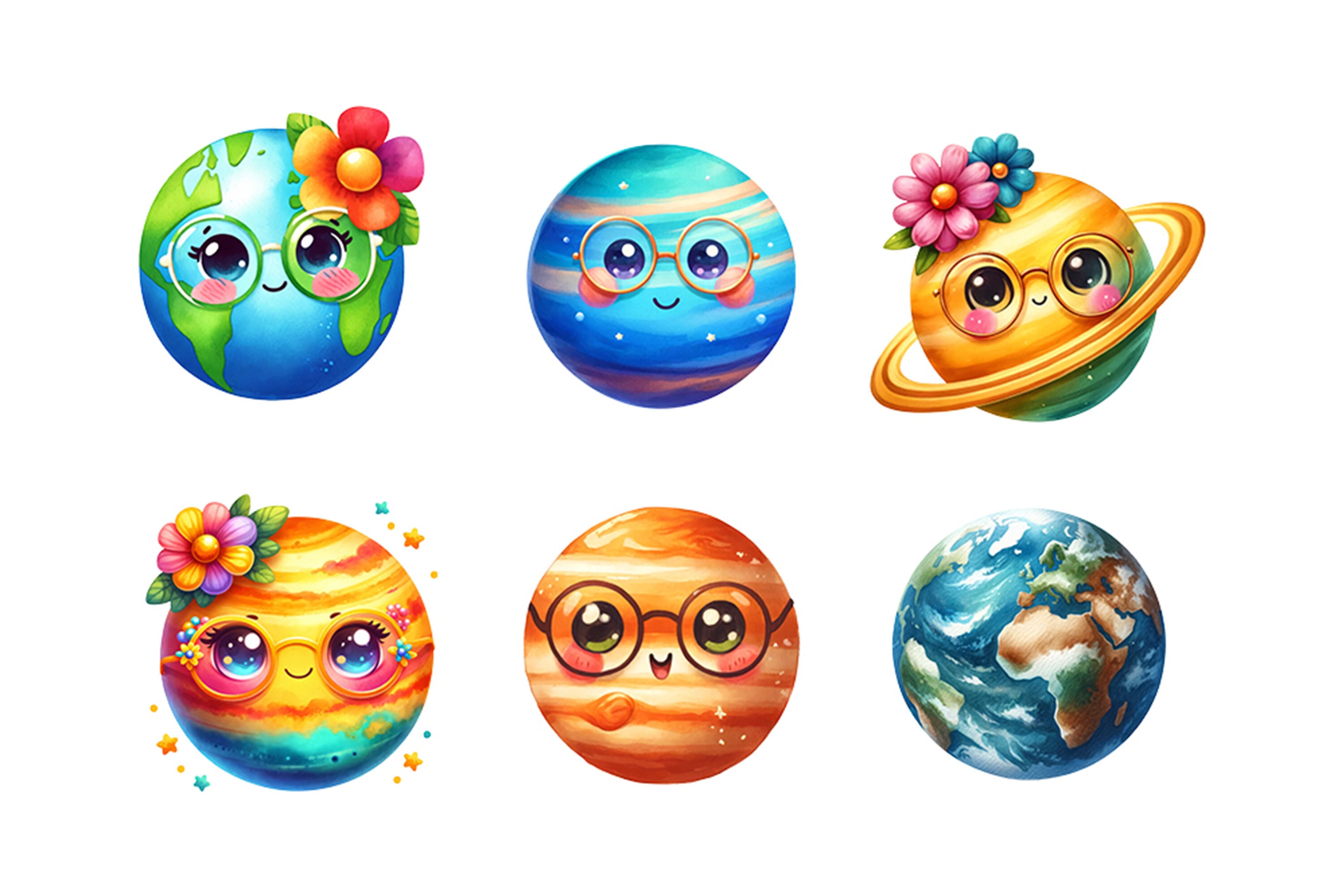 32 Cute Planets Sublimation PNG, Watercolor Planet Clipart, Earth, Moon ...