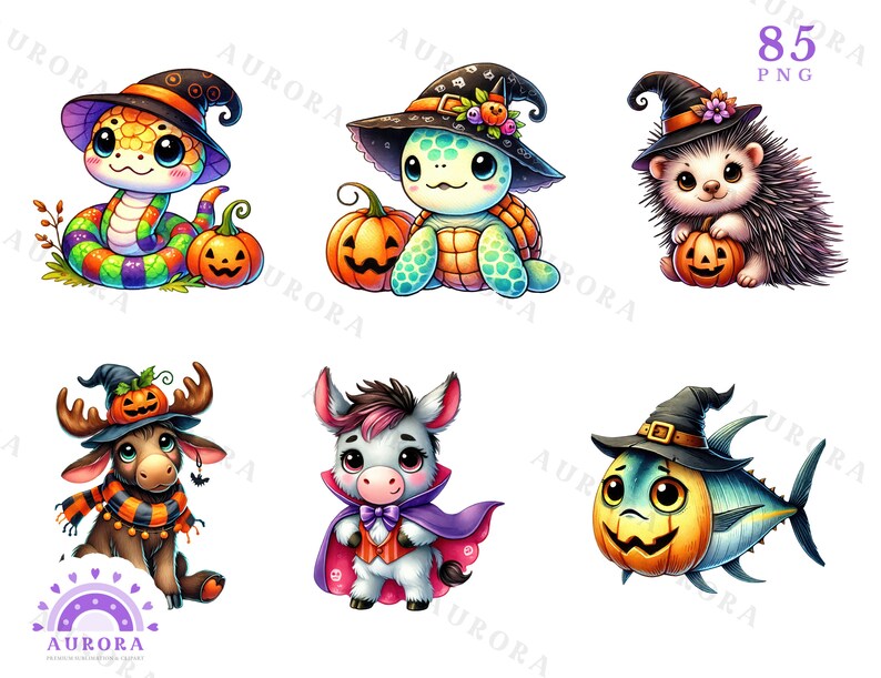 85 Watercolor Halloween Animals PNG, Spooky Zoo Animals Clipart, Witch ...