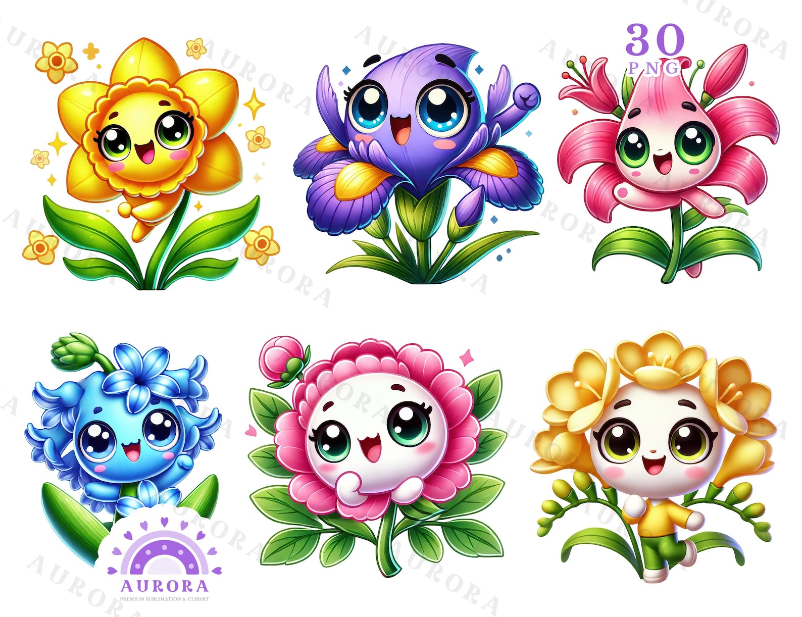 30 Cute Flower Characters Clipart Bundle, Kawaii Cartoon Flowers PNG ...