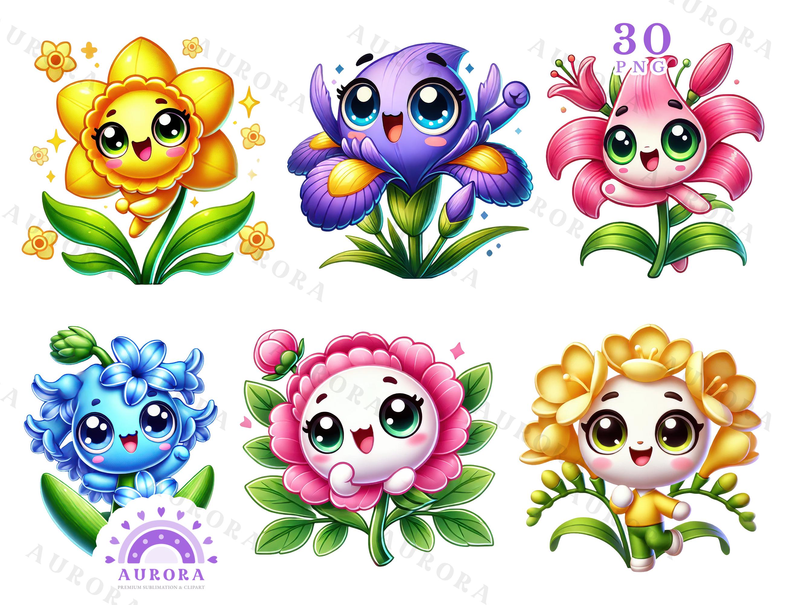 30 Cute Flower Characters Clipart Bundle, Kawaii Cartoon Flowers PNG ...