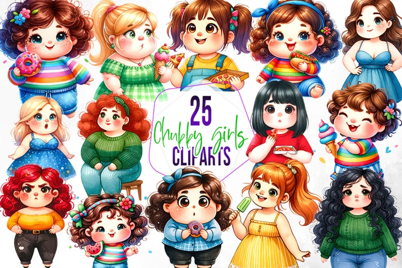 25 Cute Chubby Girls Clipart Bundle, Watercolor Chubby Girls Design for ...