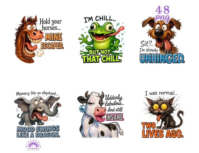 Funny Sarcastic Mental Health PNG Bundle, Unhinged Animal Meme Quote ...