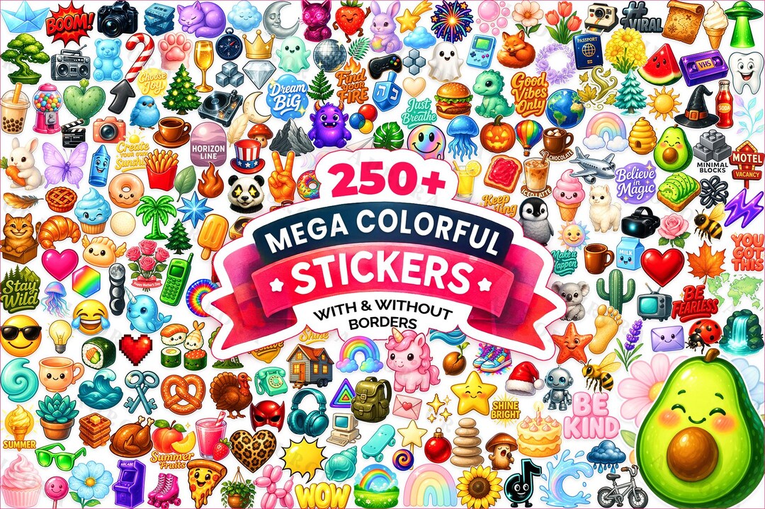 250+ Mega Stickers Bundle PNG, Cute Colorful Sticker Pack, Kawaii, Food ...