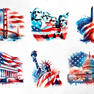 Patriotic Landmarks Watercolor Clipart, 4th of July PNG, American Flag ...