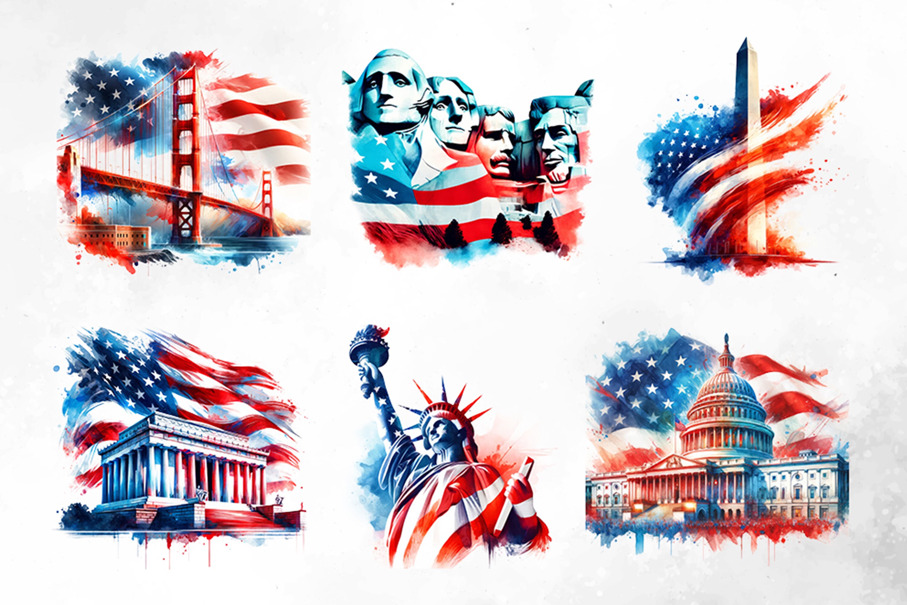 Patriotic Landmarks Watercolor Clipart, 4th of July PNG, American Flag ...