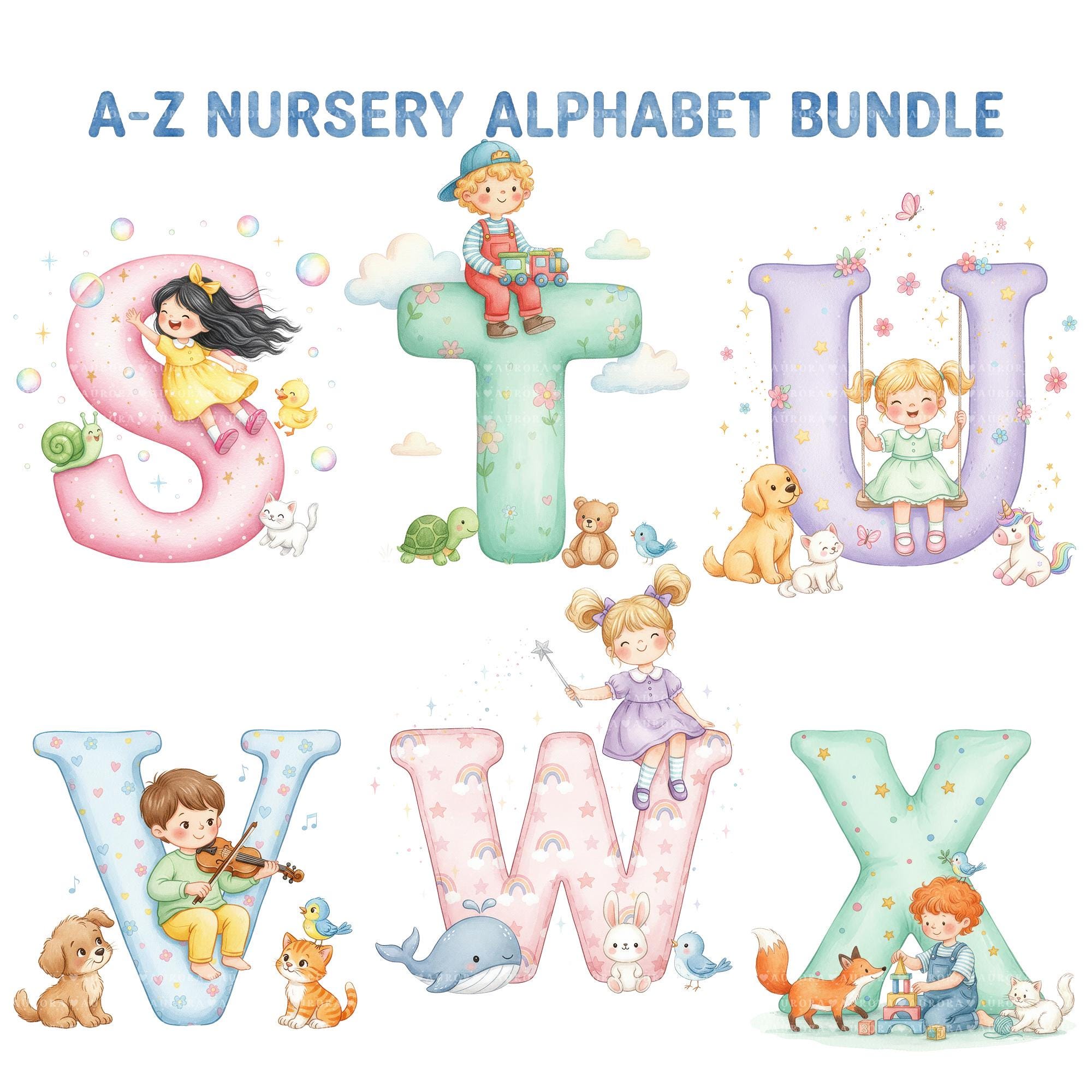 Whimsical Nursery Alphabet, Watercolor Animal Clipart, A-Z Letters PNG ...