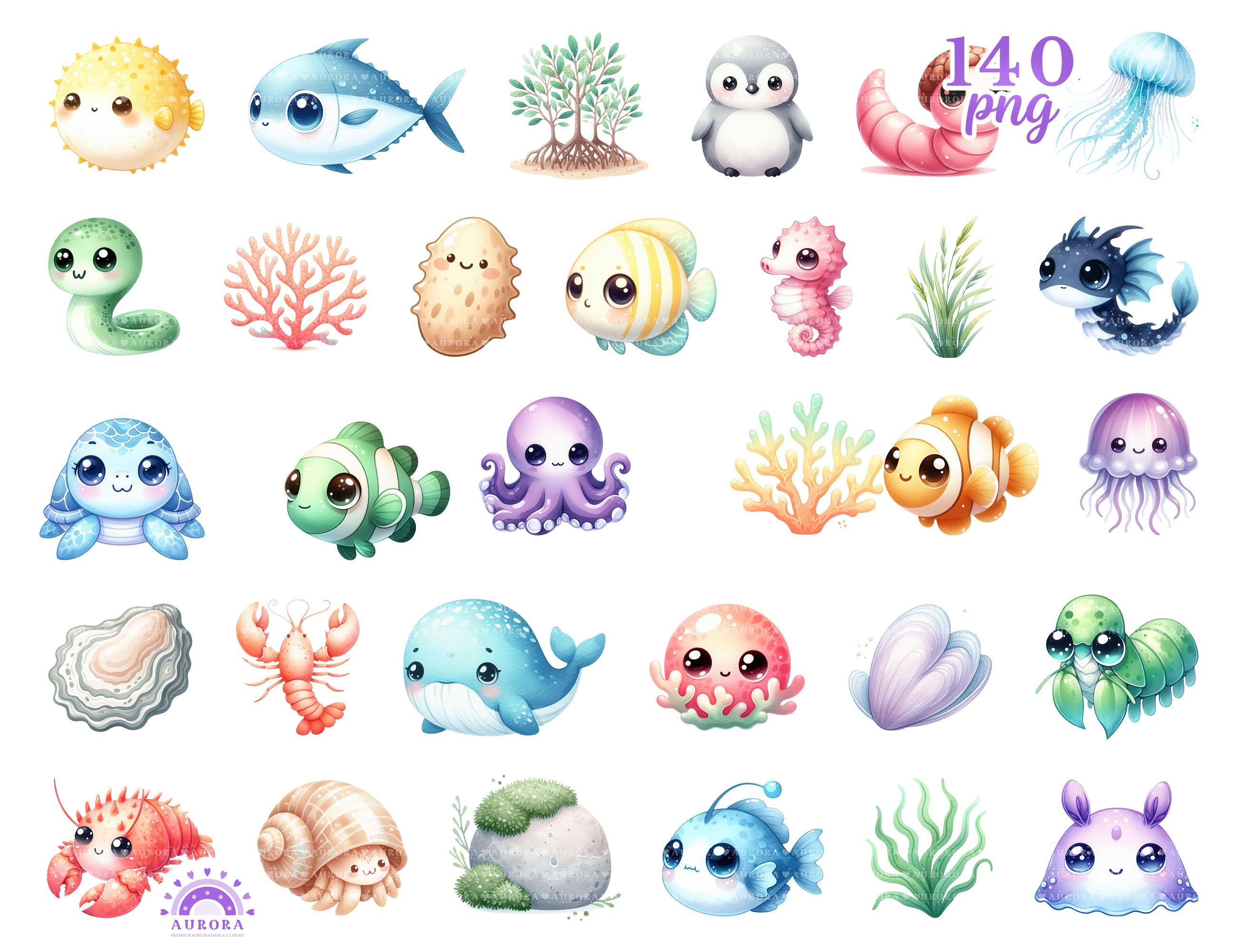 140 Kawaii Ocean Animals Clipart Bundle, Sea Creatures PNG, Watercolor ...