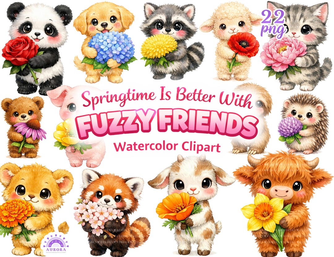 Watercolor Baby Animals PNG Clipart Bundle, Floral Nursery Art ...