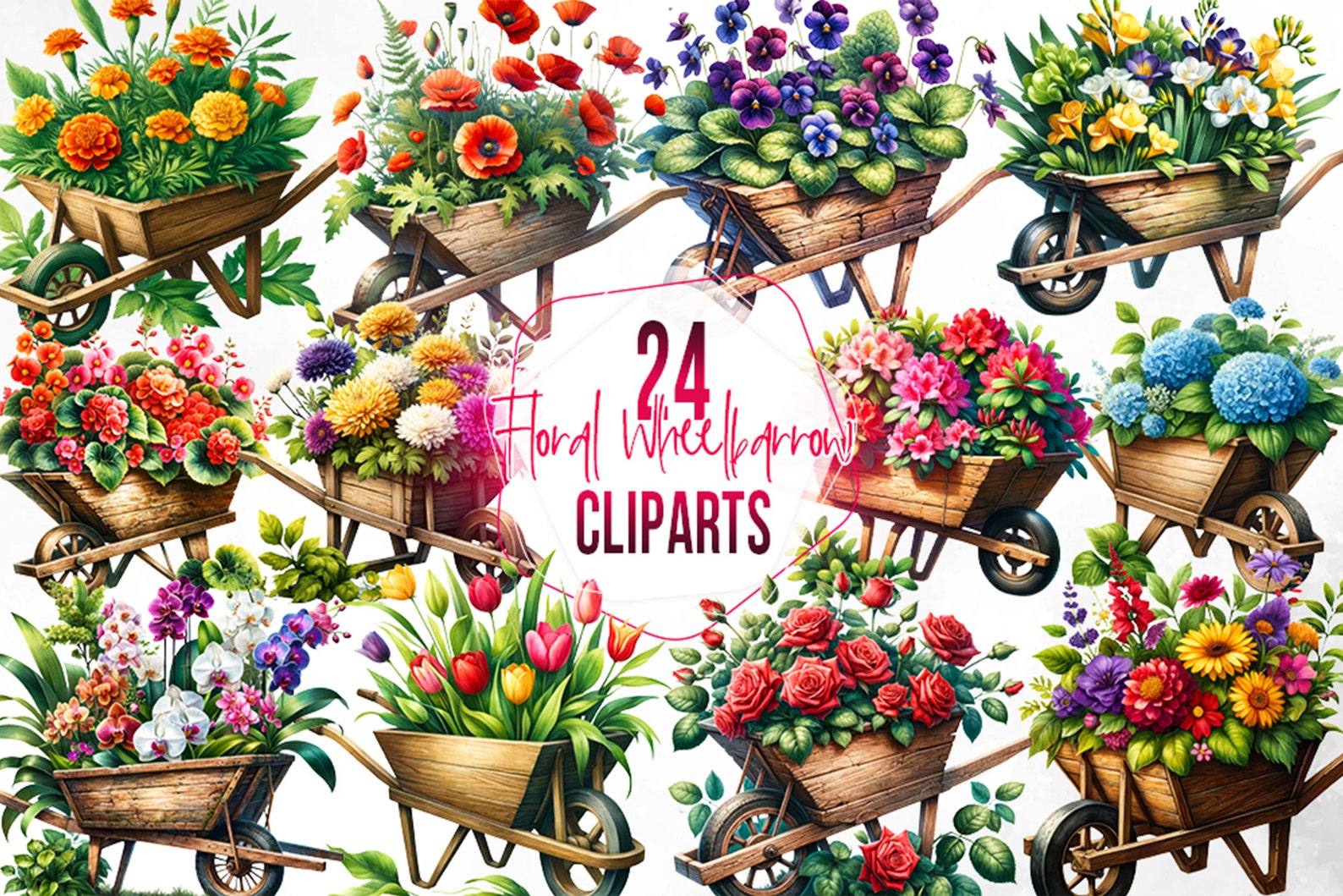 Floral Wooden Wheelbarrow Clipart, Beautiful Watercolor Gardening ...