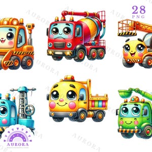 Cute Construction Vehicle Clipart Bundle, Kids Trucks PNG (digital ...