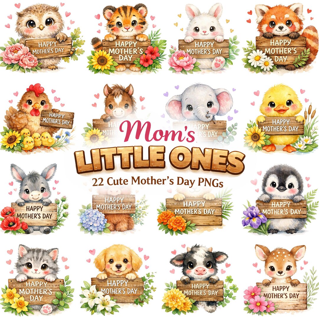 16 Baby Animal Mother’s Day Clipart, Watercolor PNG, Sublimation Design ...