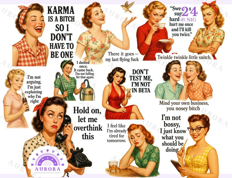 Retro Housewife PNG Bundle, Sarcastic Women Quotes, 1950s Humor Clipart ...