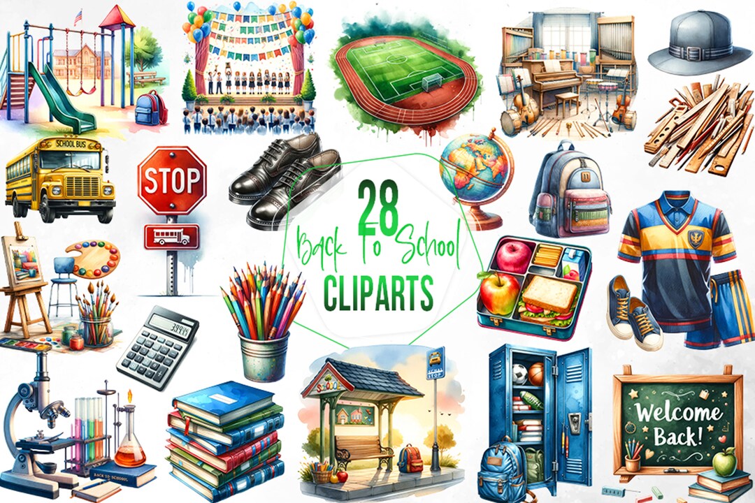 Watercolor Back to School Clipart, Cute Classroom Art, School Graphics ...