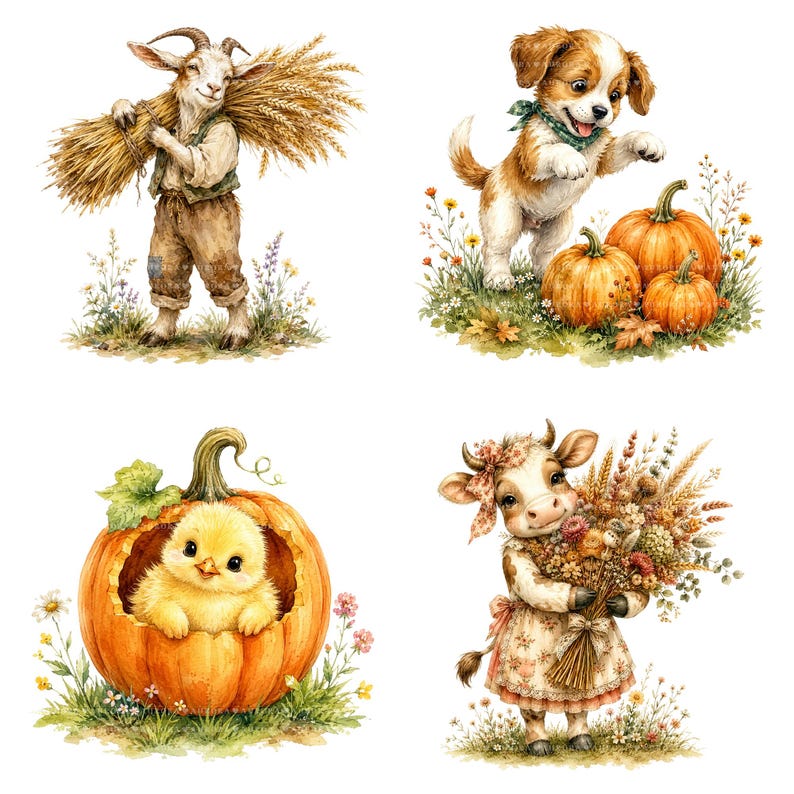 30 Cozy Fall Animals PNG Bundle, Watercolor Harvest Clipart ...
