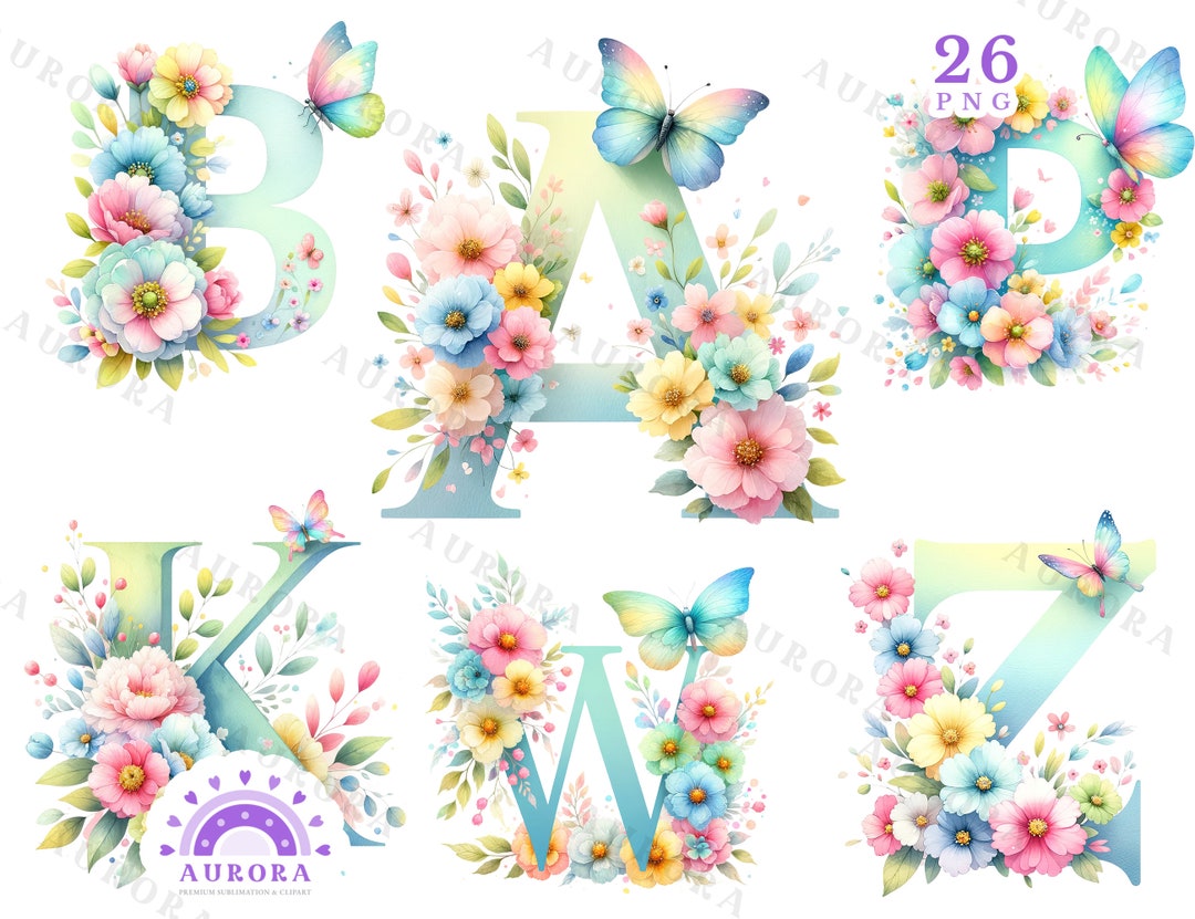 Watercolor Floral Alphabet Clipart, Pastel Flowers Letters and Initials ...