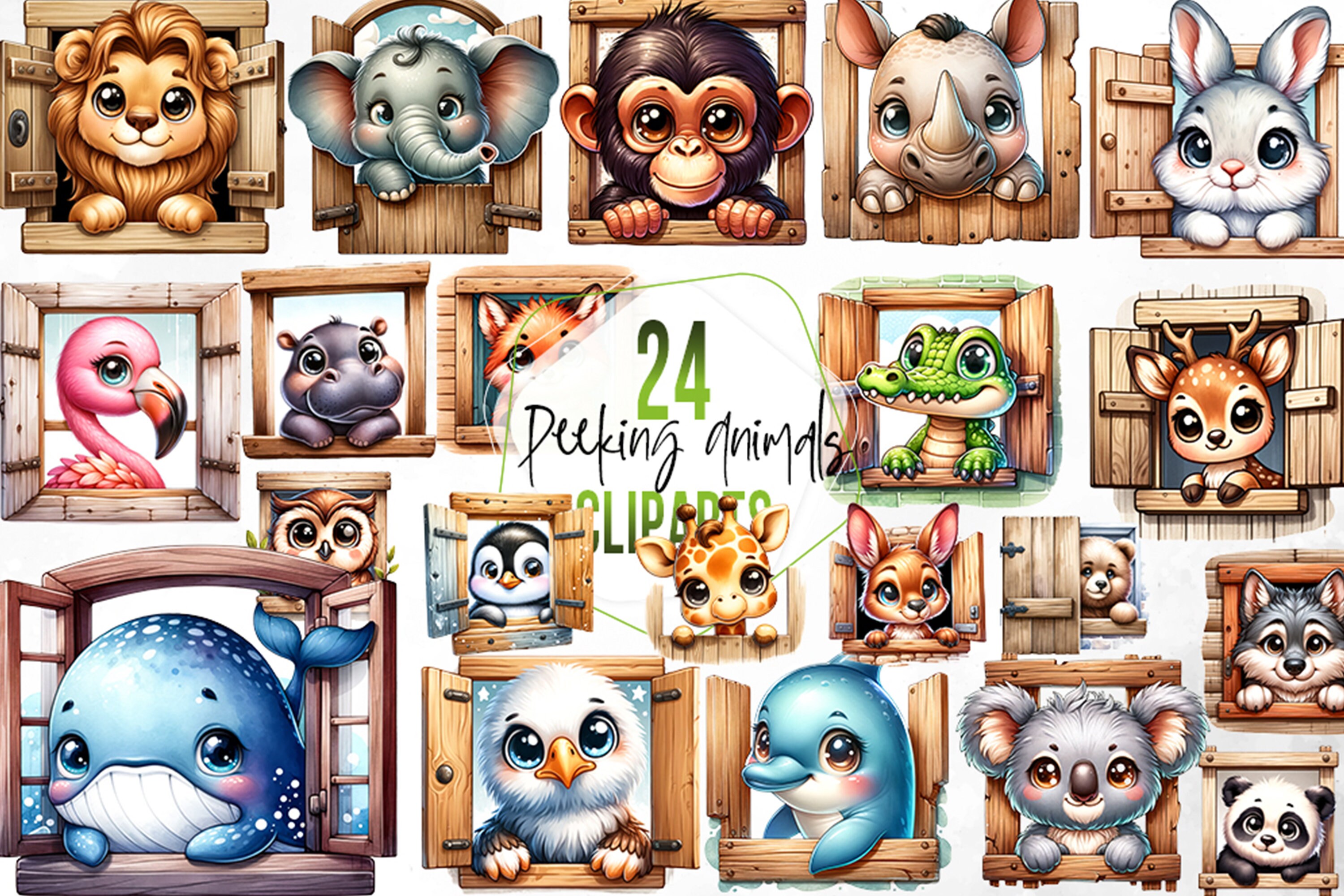 24 Peeking Animals Clipart, Animal Peeking Wooden Window, Watercolor ...