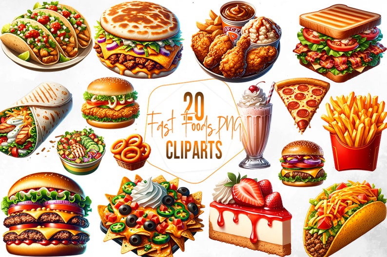 Watercolor Fast Foods Clipart, Quick Serve Meal Graphics, Burger, Pizza ...