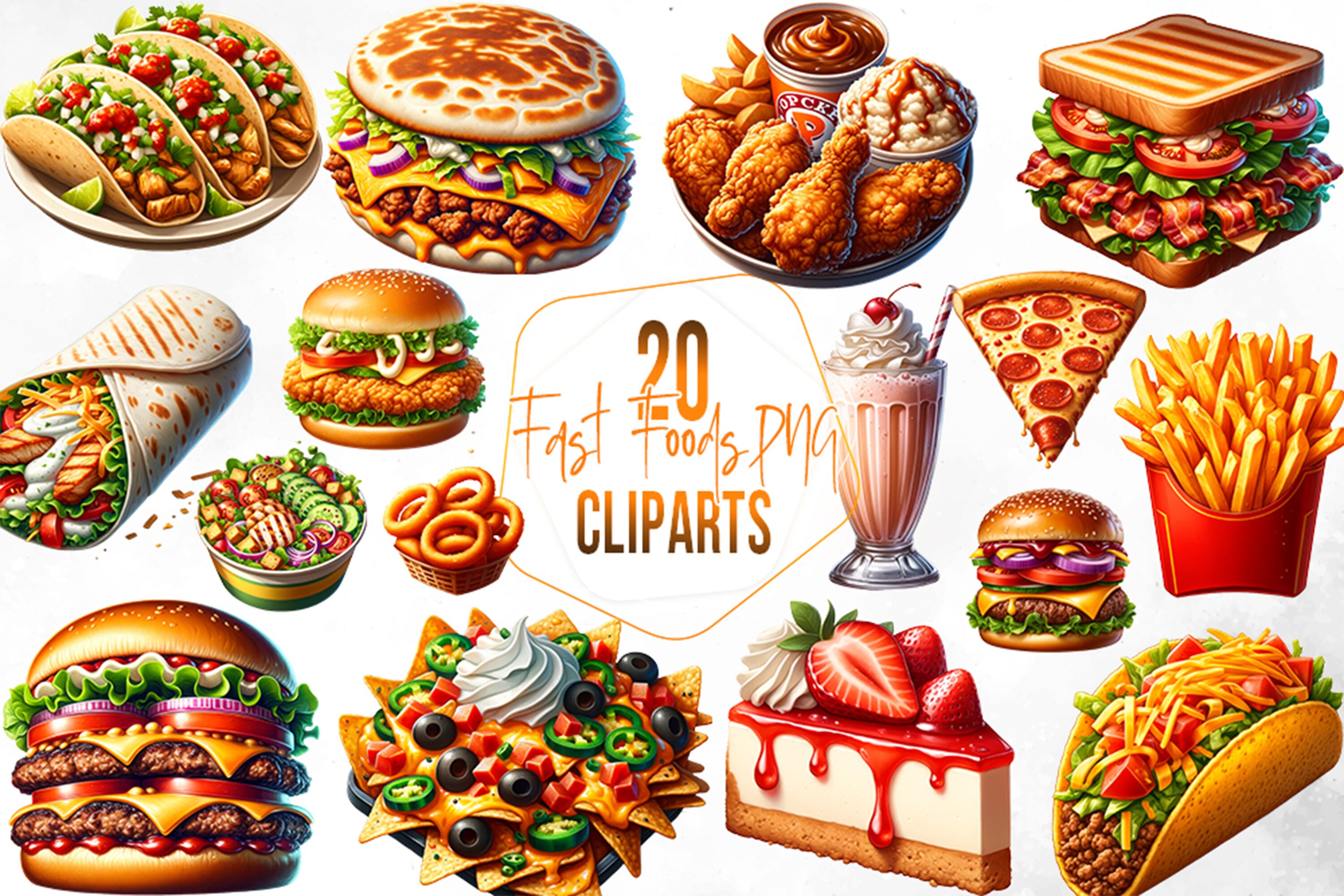 Watercolor Fast Foods Clipart, Quick Serve Meal Graphics, Burger, Pizza ...