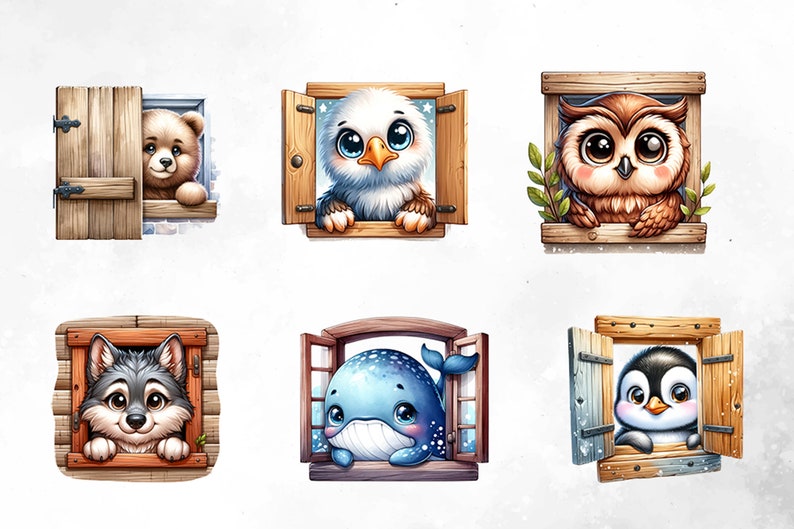 Watercolor Baby Animals Clipart, Peeking in Wooden Window (png ...