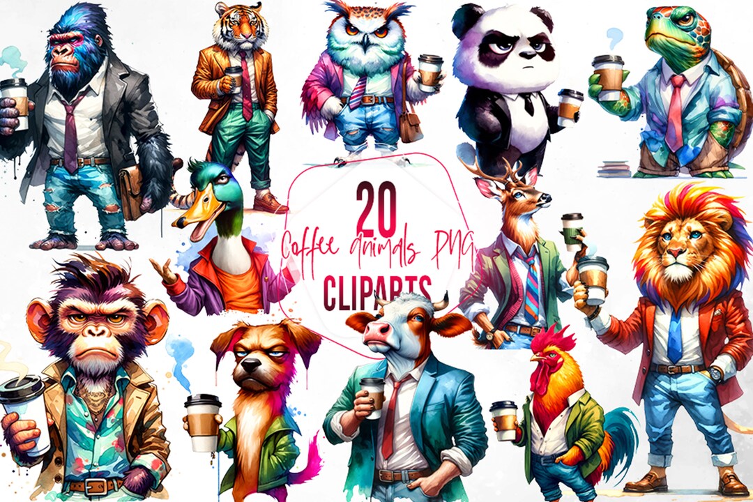 Funny Coffee Animals Clipart, Quirky Office Animal With Coffee PNG ...