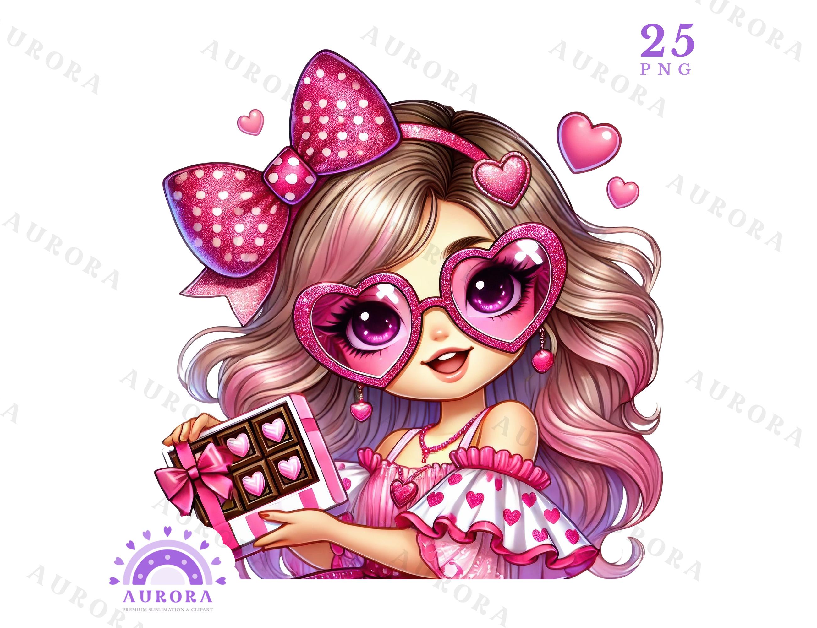 Valentine's Day Girl Clipart Bundle, Chibi Girls With Bow & Glasses ...