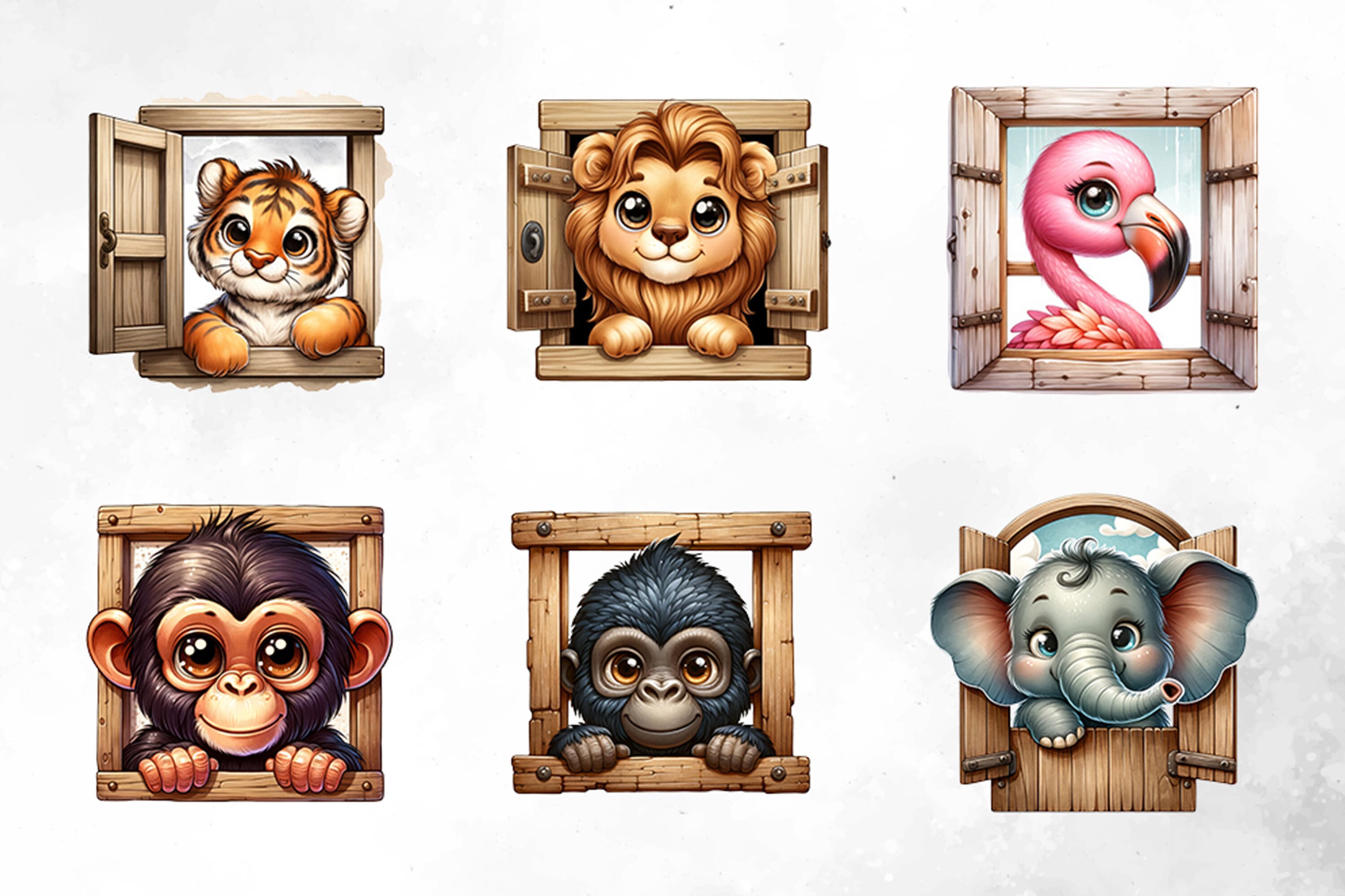 24 Peeking Animals Clipart, Animal Peeking Wooden Window, Watercolor ...