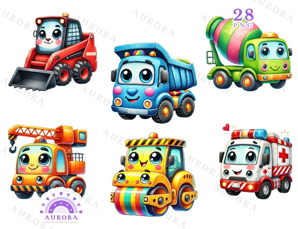 Cute Construction Vehicle Clipart Bundle, Kids Trucks PNG (digital ...