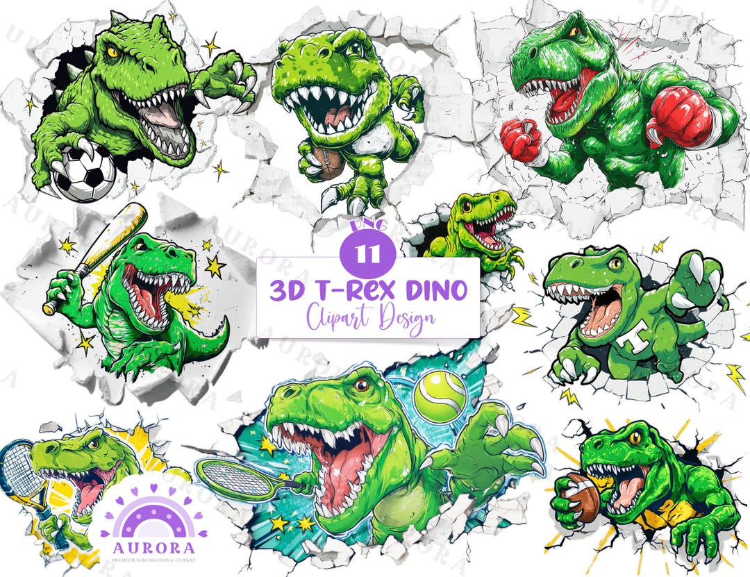 3D T-rex Dinosaur Sports Clipart, Soccer Football Baseball Sublimation ...