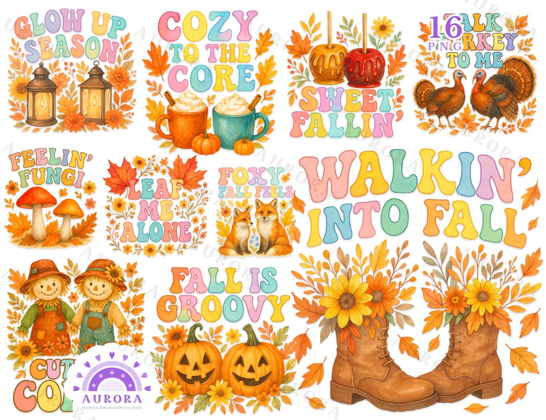 Retro Fall Sublimation Bundle, Groovy Autumn Clipart, Cozy, Boho ...