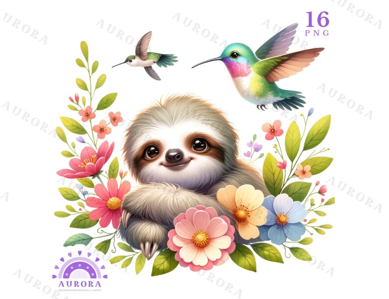 Watercolor Spring Floral Sloth Clipart, Cute Sloth With Flowers PNG ...