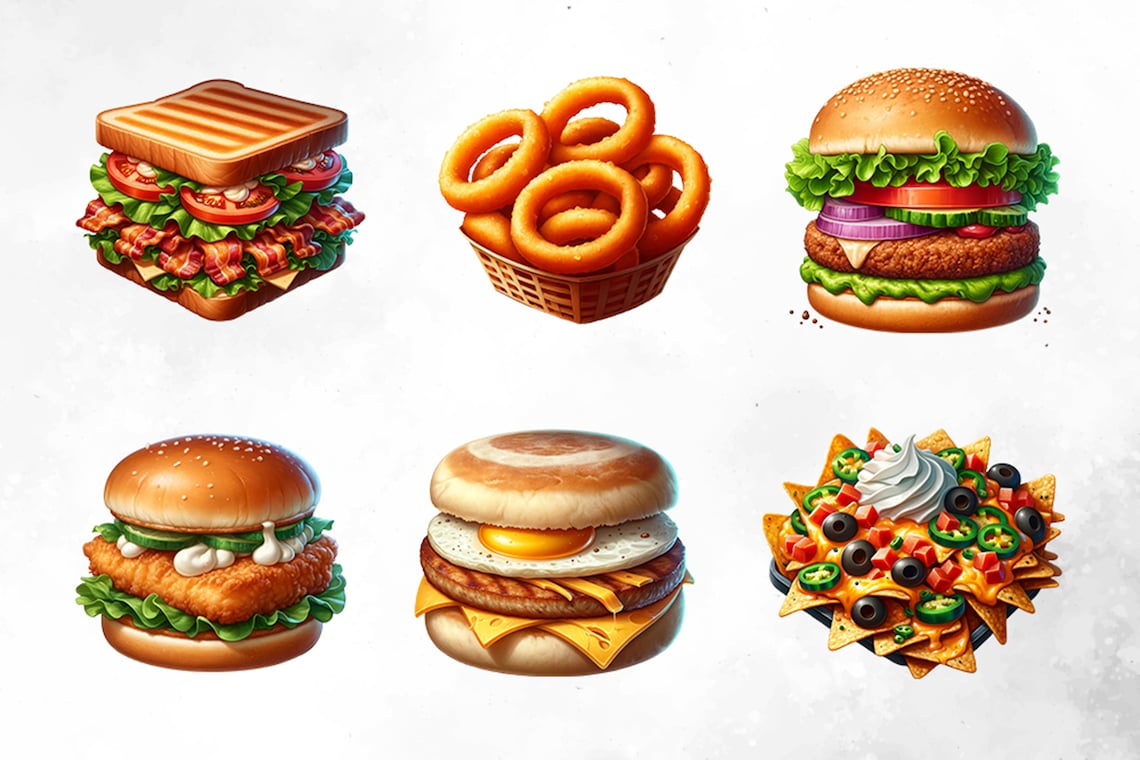 Watercolor Fast Foods Clipart, Quick Serve Meal Graphics, Burger, Pizza ...