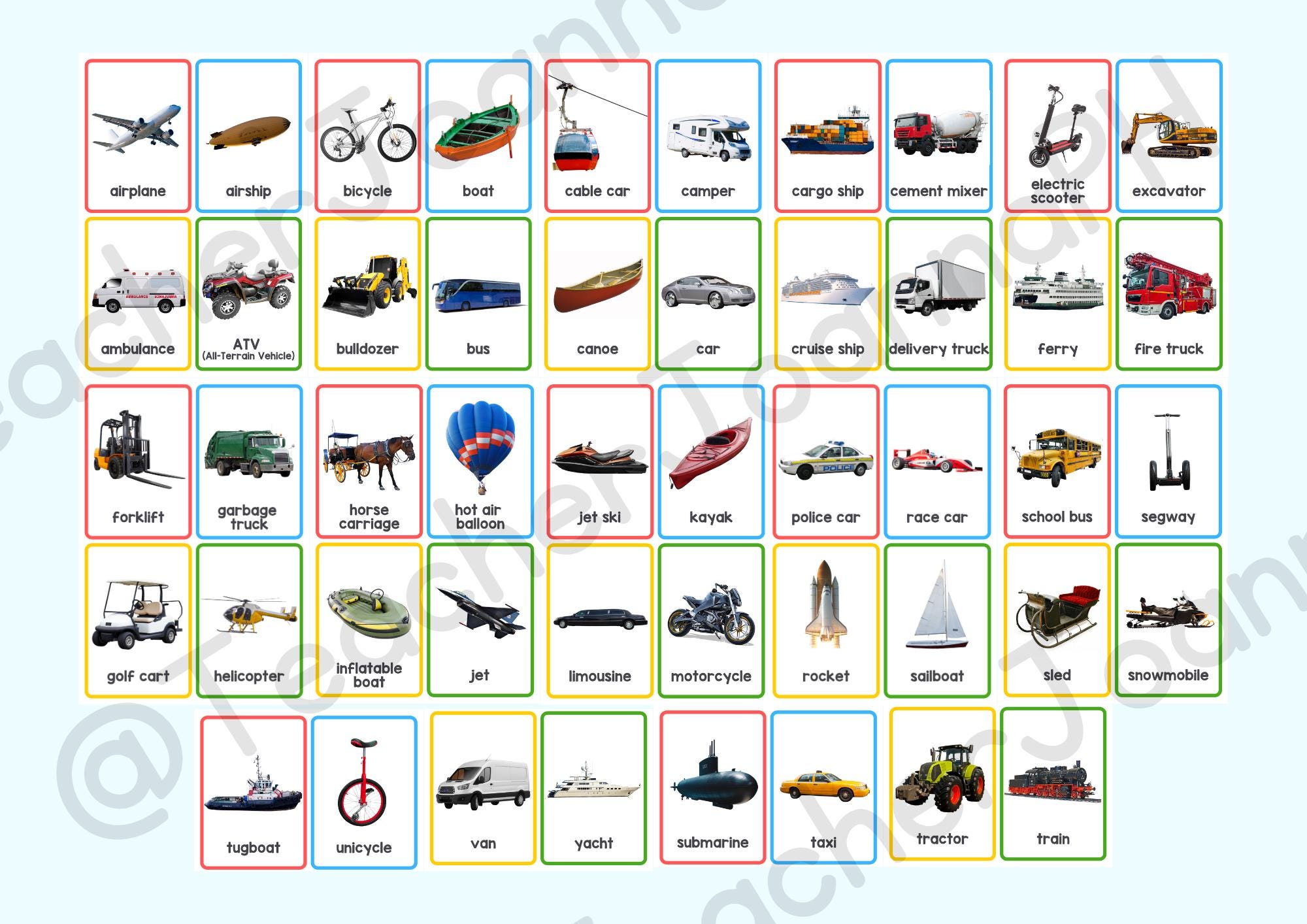 48 Vehicles Flashcards | Printable Real Pictures Flashcards | Preschool ...