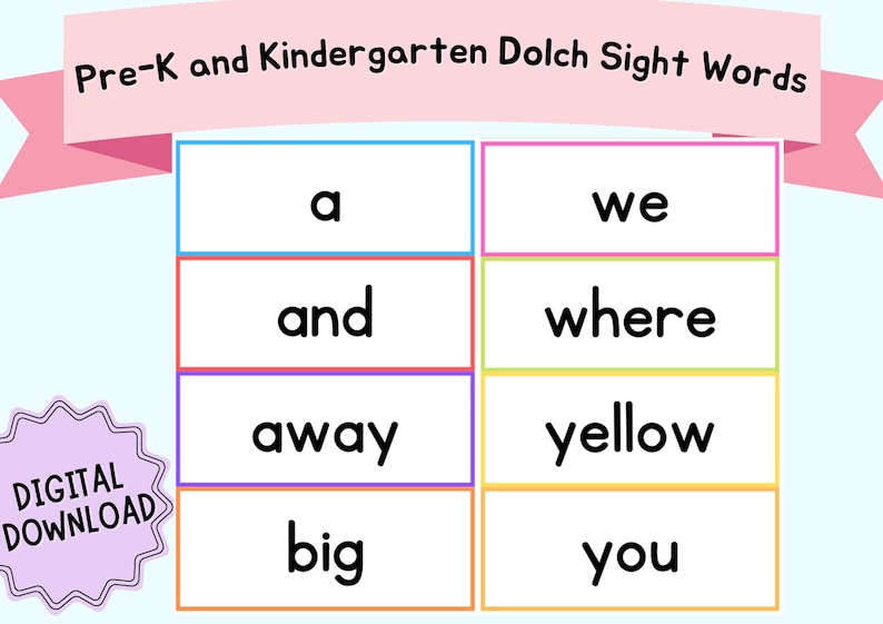 Pre-k and Kindergarten Sight Words - Etsy