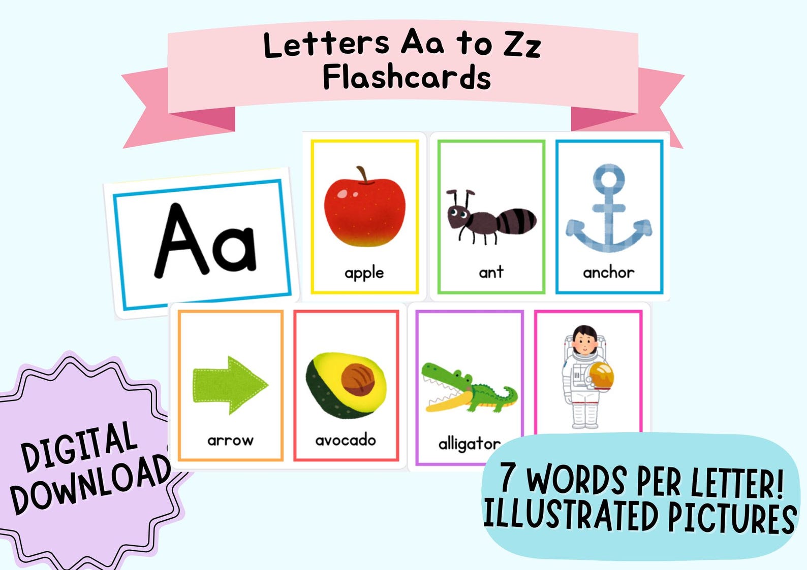 Printable Alphabet Flashcards With Illustrated Pictures, Aa to Zz ...